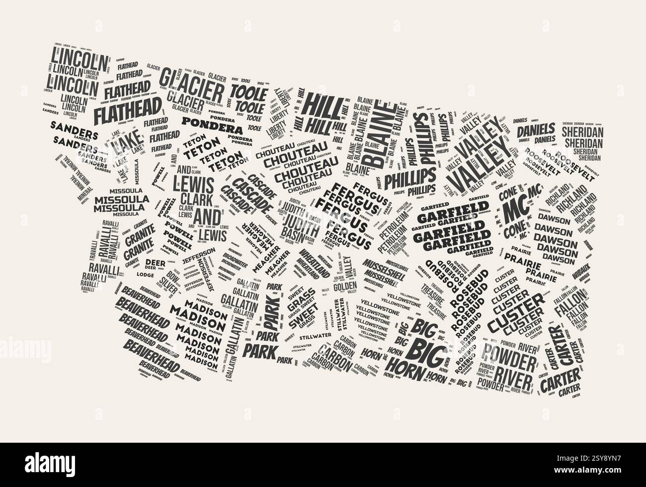 Montana Word Cloud. State with counties division. Montana typographic ...