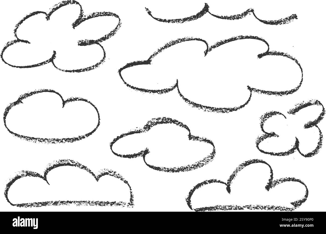 Set of crayon drawn clouds in kids style. Childish doodle naive icons ...