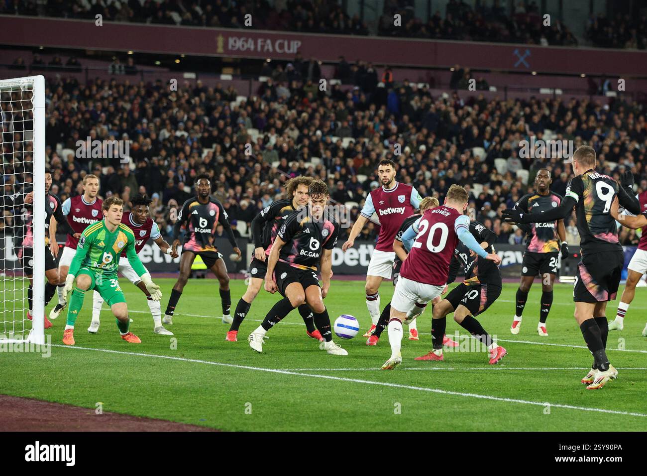 LONDON, UK - 27th Feb 2025: Jarrod Bowen of West Ham United scores his ...