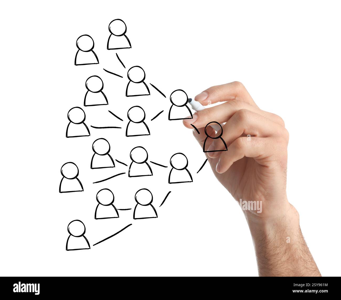 Man drawing family tree on virtual screen against white background ...