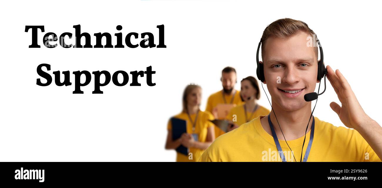 Technical support. Operators on white background, banner design Stock ...