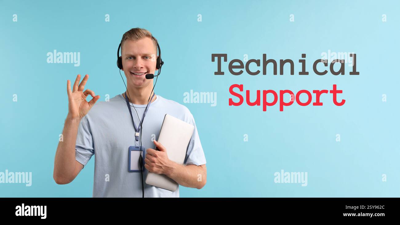 Technical support. Operator with headset on light blue background ...