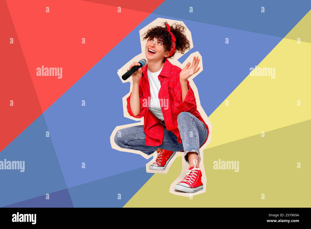 Pop art poster. Beautiful young woman with microphone singing on bright ...