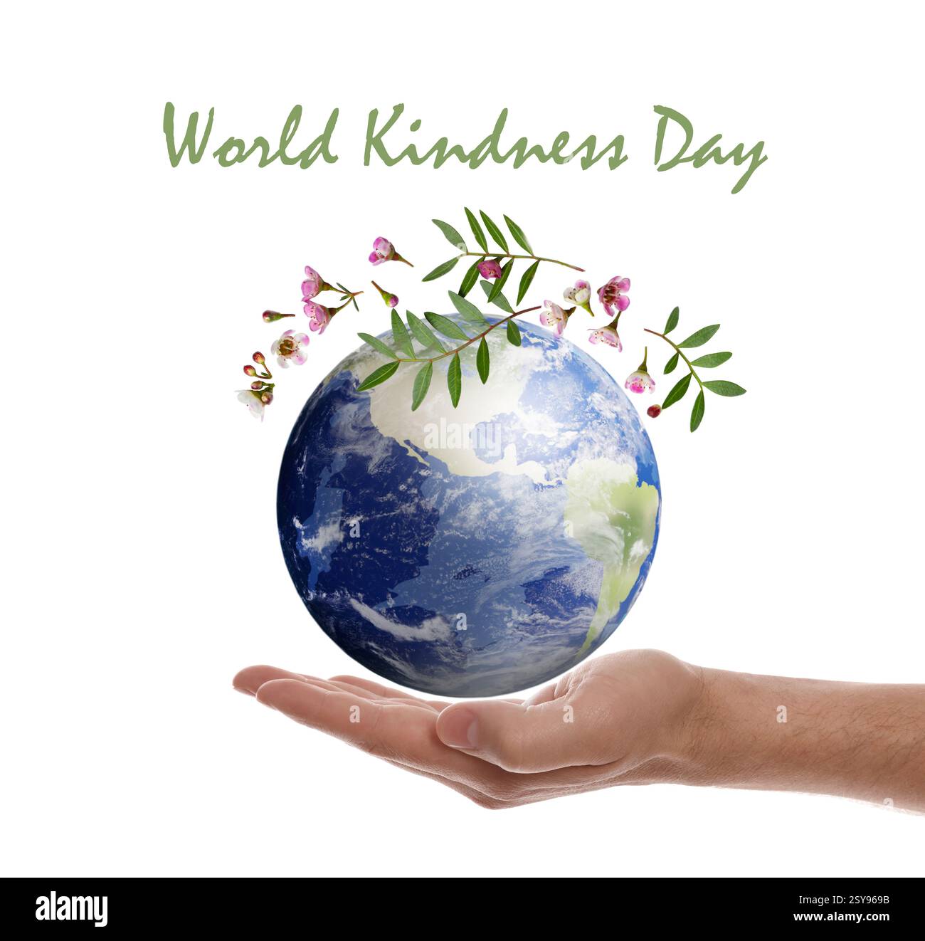 World Kindness Day. Man holding Earth globe and flowers on white ...