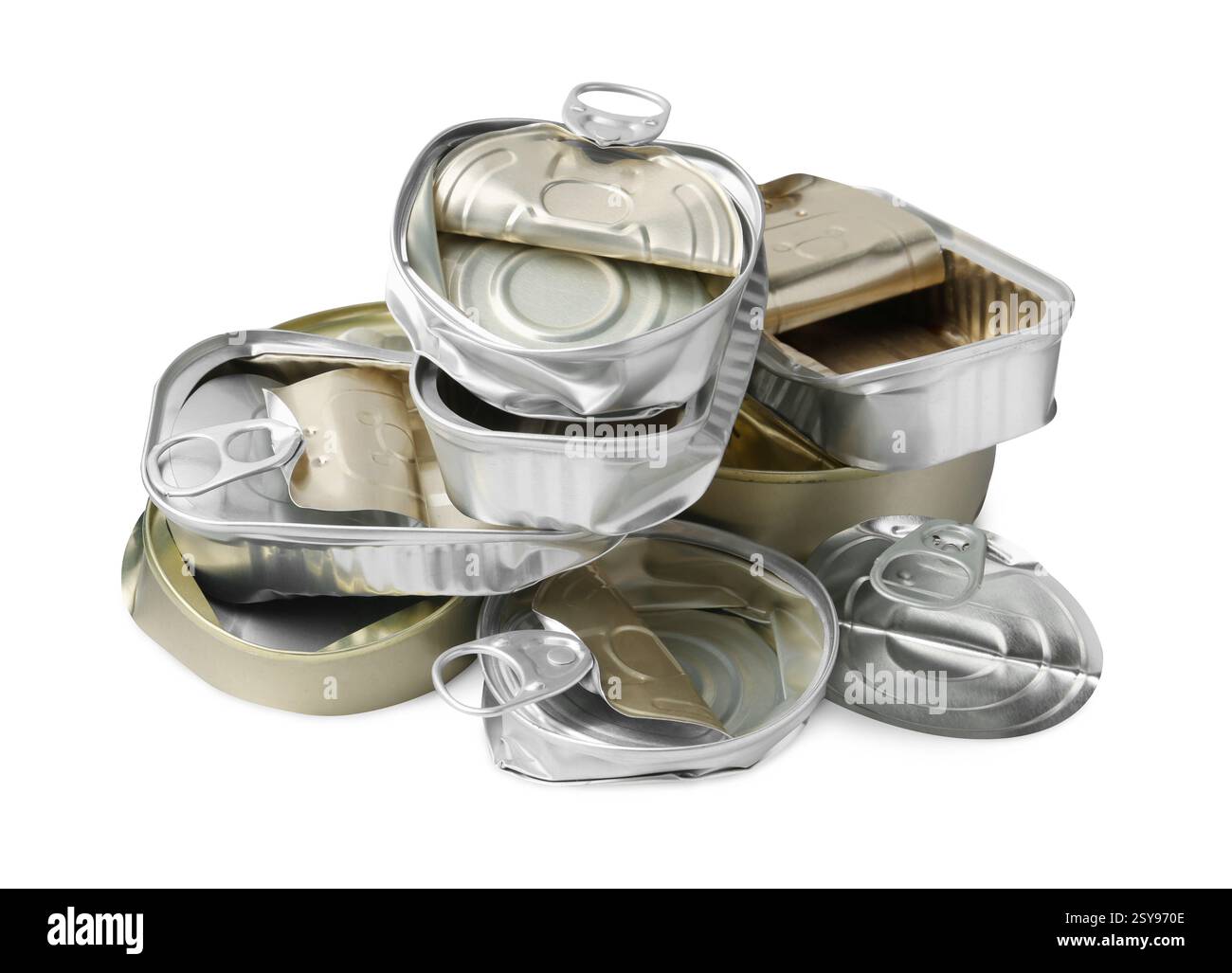 Many crumpled tin cans isolated on white Stock Photo - Alamy