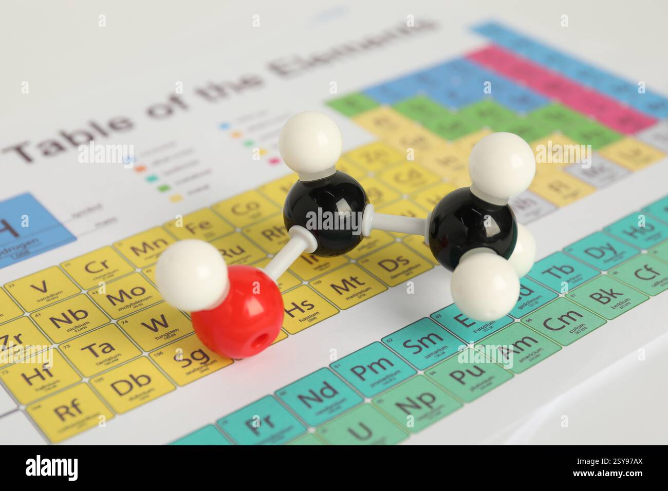 Molecule of ethanol on periodic table, closeup. Chemical model Stock ...