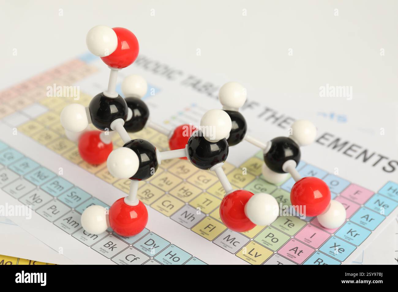 Molecule of glucose on periodic table, closeup. Chemical model Stock ...