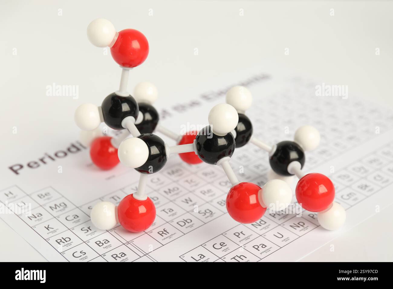 Molecule of glucose on periodic table, closeup. Chemical model Stock ...