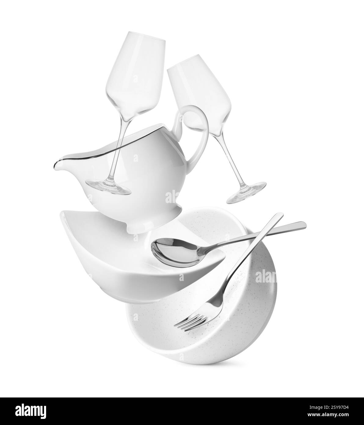 Clean dishware, glasses and silverware flying on white background Stock ...