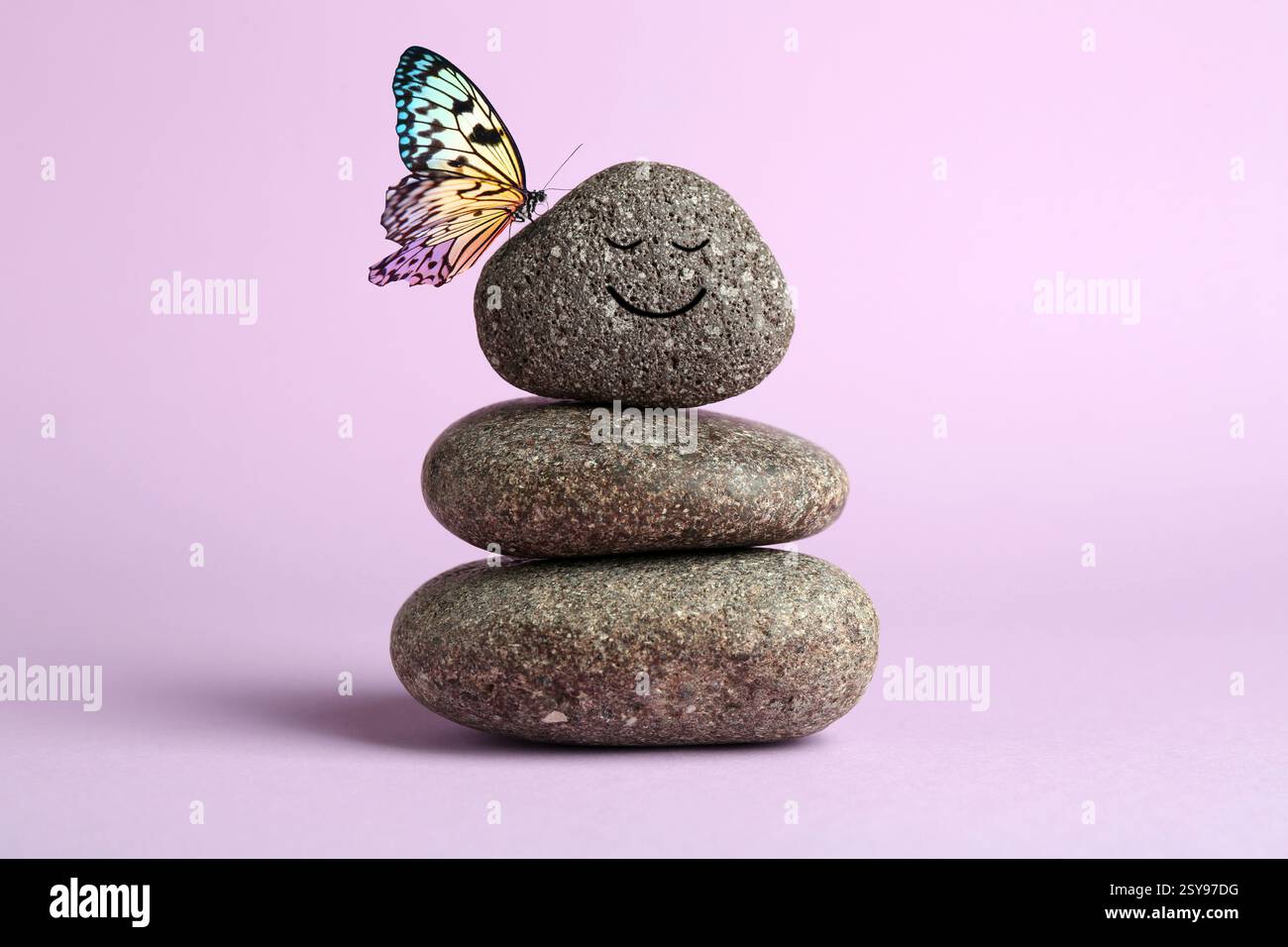 Butterfly on stone with smiling face, stack of pebbles on light violet ...