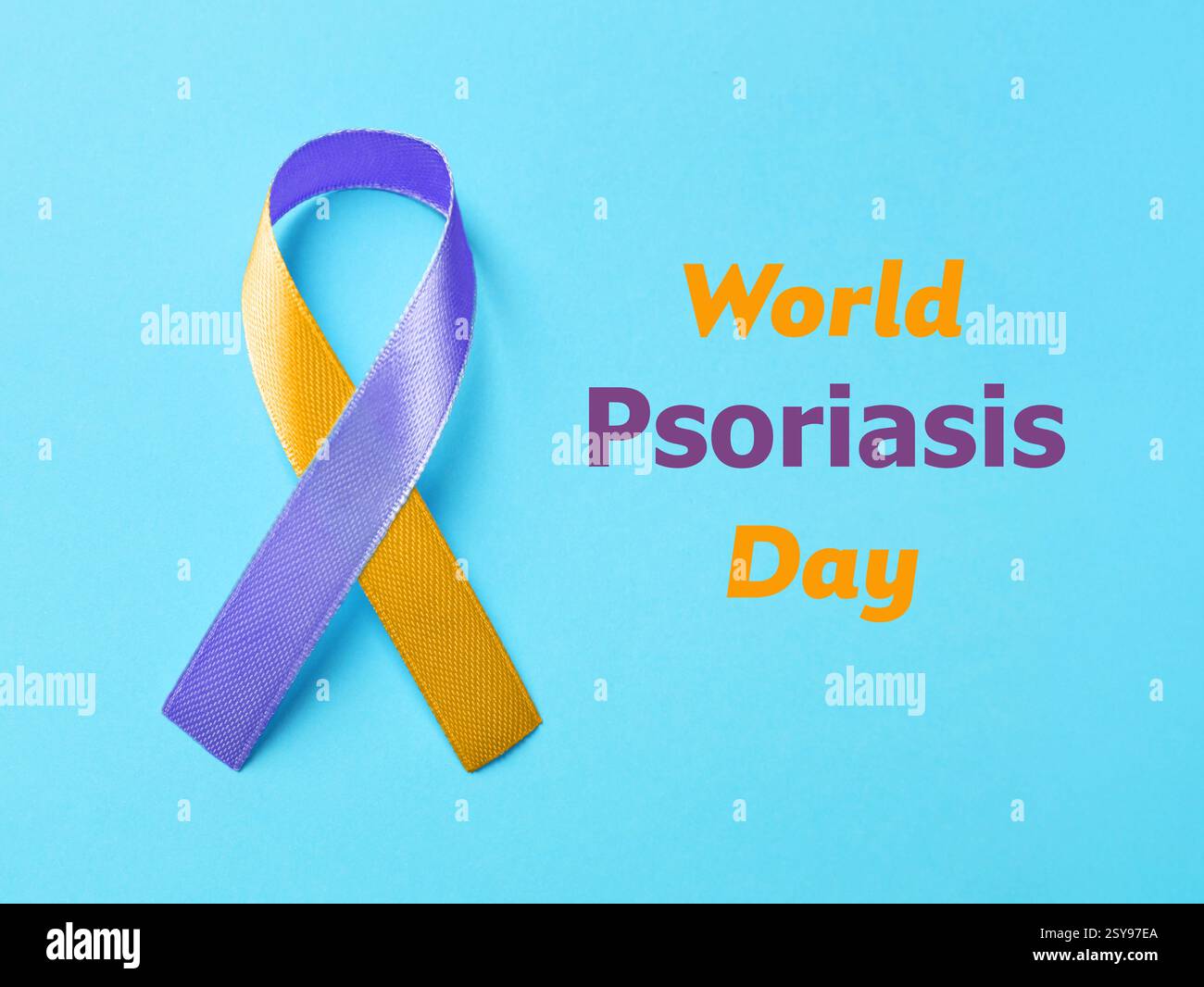 World Psoriasis Day. Orange-orchid awareness ribbon on light blue ...