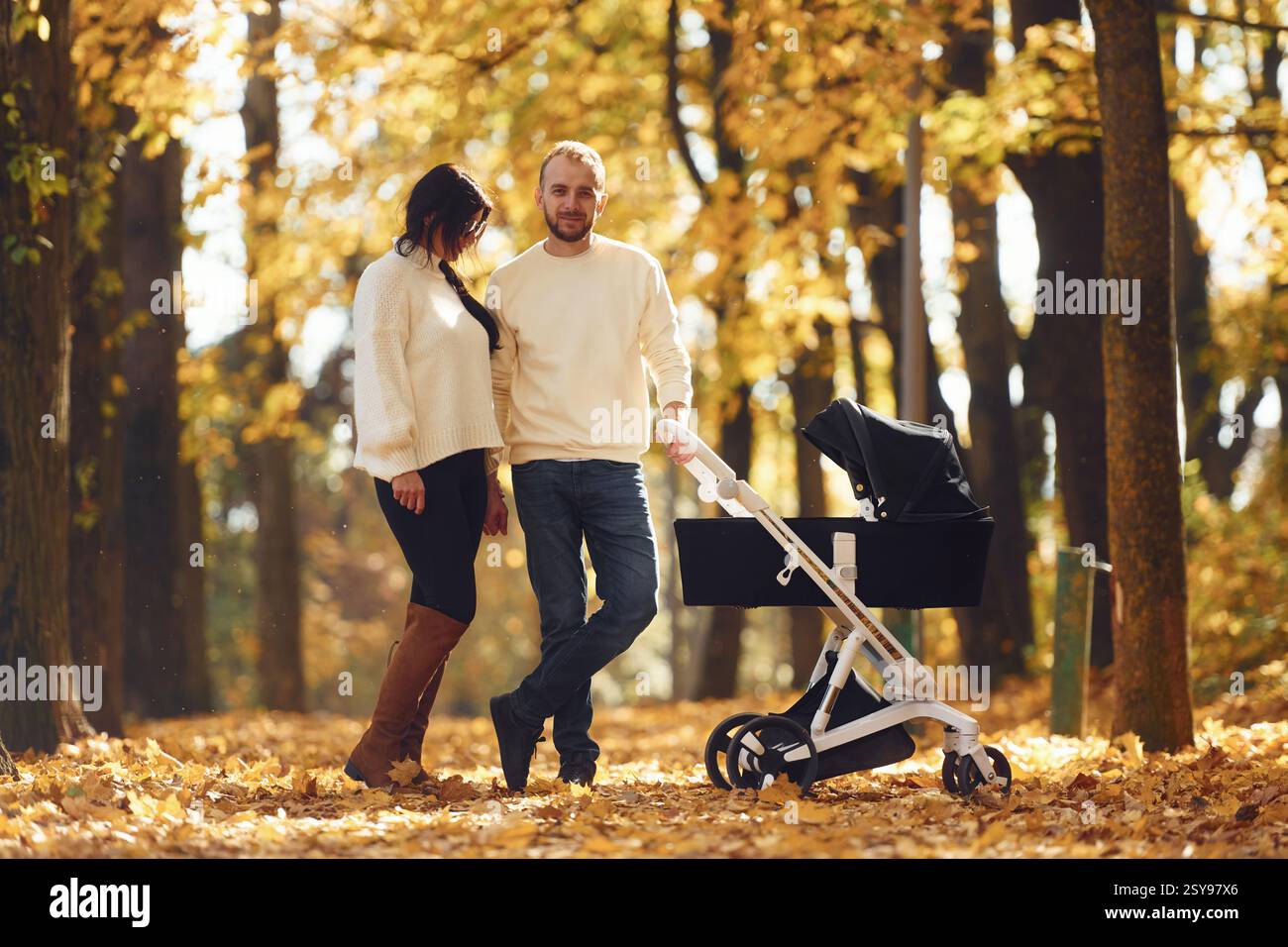 Beautiful parents is in the forest with pram having a walk Stock Photo ...