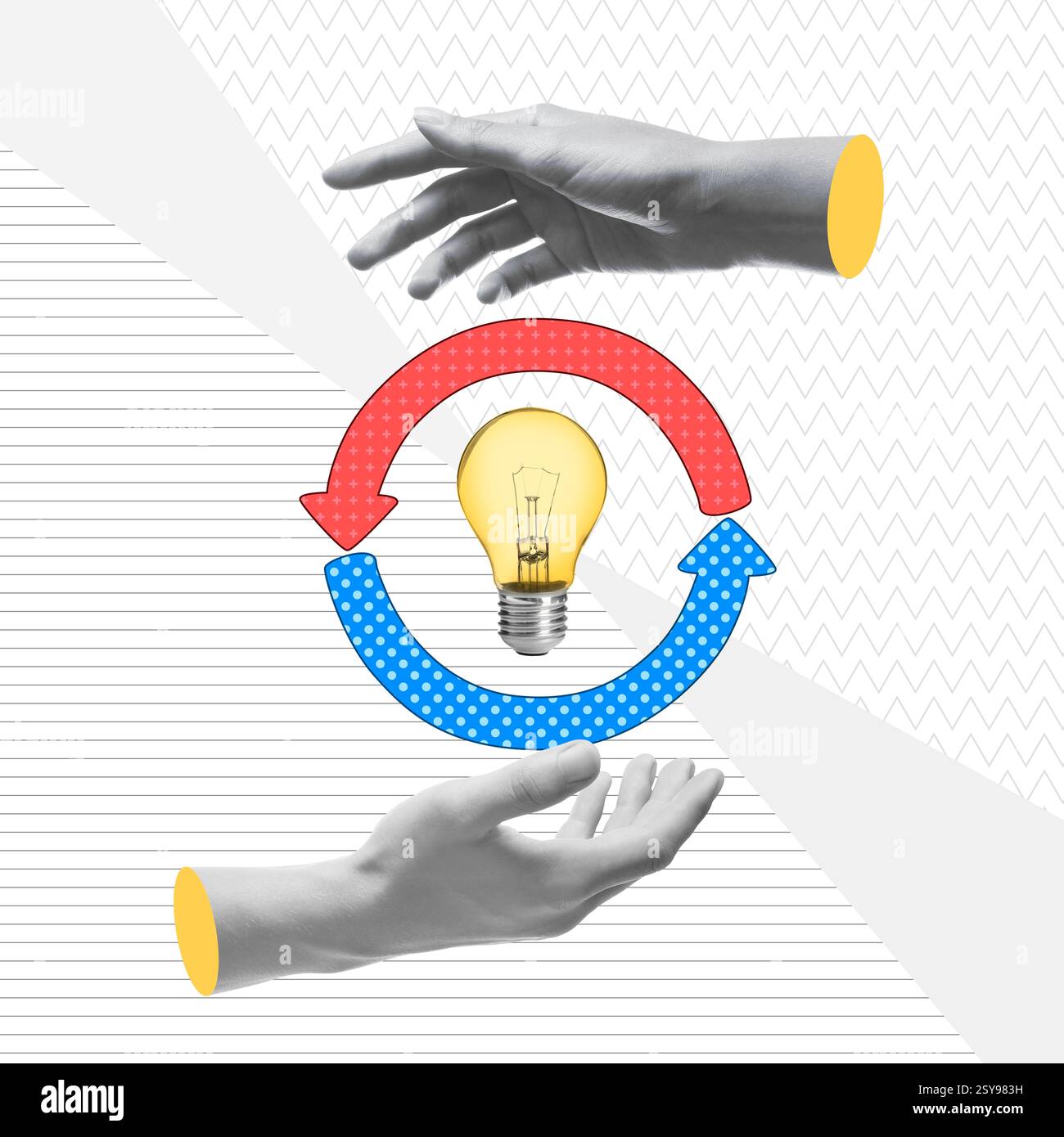 Creative art collage with glowing light bulb, arrows and people's hands on color background ...