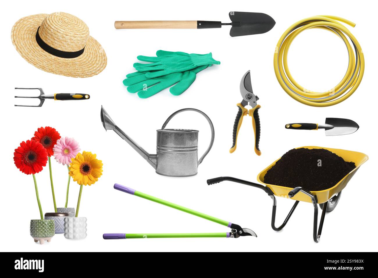 Set of different gardening tools and potted flowers isolated on white ...