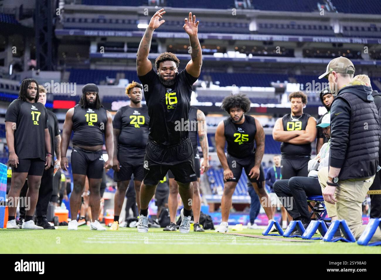 SMU defensive lineman Jared Harrison-Hunte runs a drill at the NFL ...