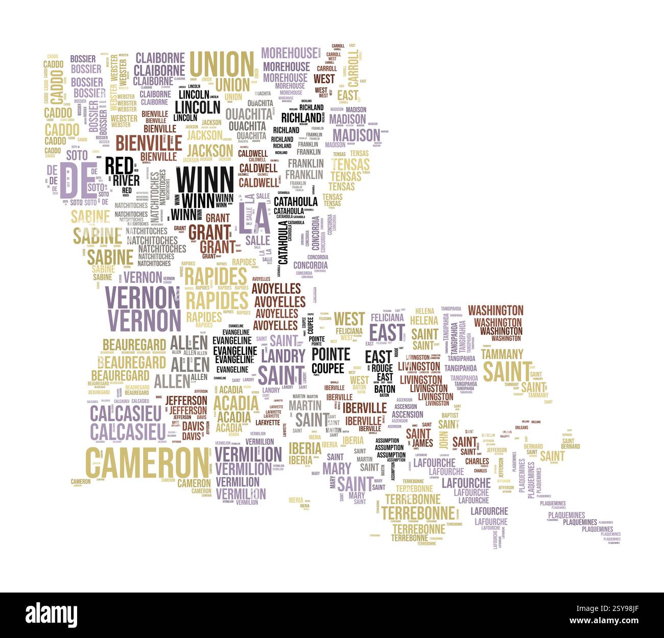 Louisiana Word Cloud. State shape with county division. Louisiana ...
