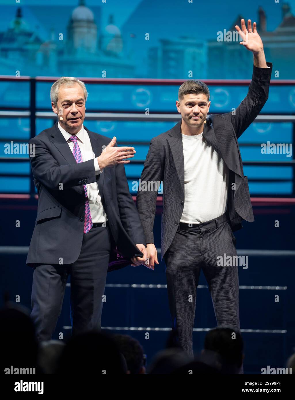 Reform UK leader Nigel Farage with the party's mayoral candidate for Hull, Luke Campbell MBE ...