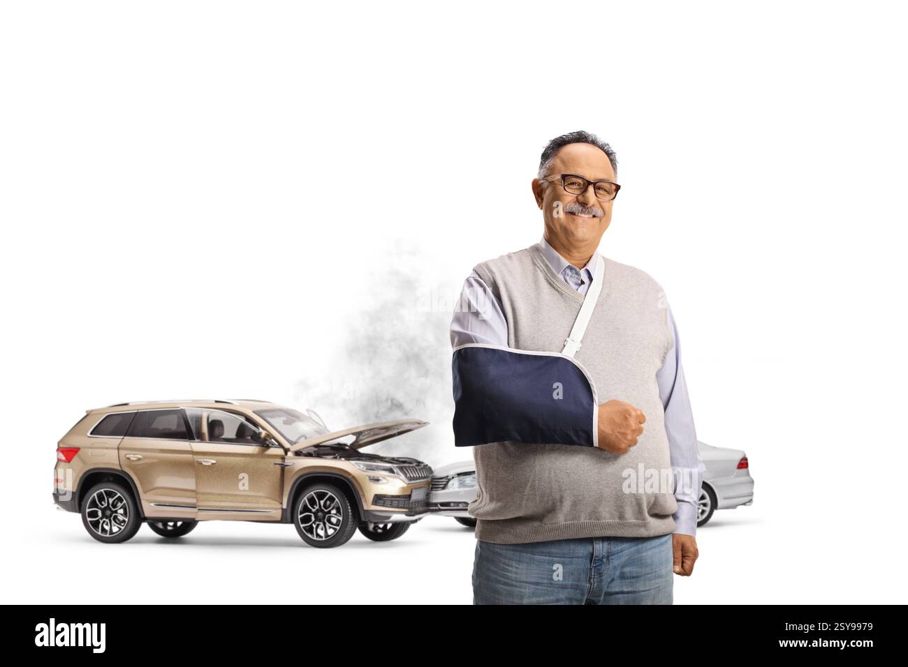 Mature man injured in a car accident isolated on white background Stock ...