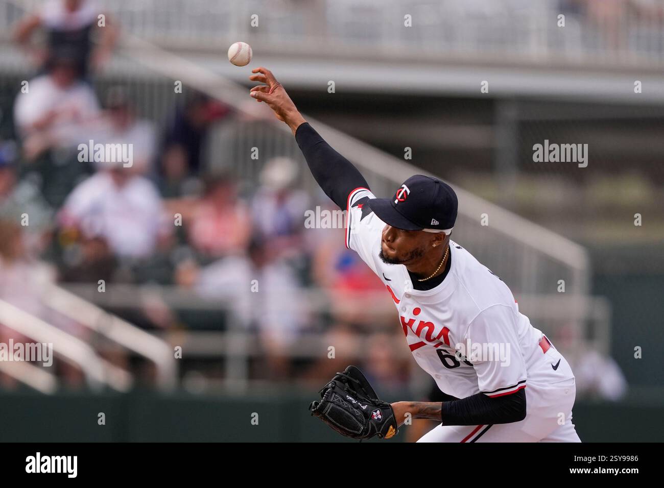 Minnesota Twins pitcher Jorge Alcala delivers in the fifth inning of a ...