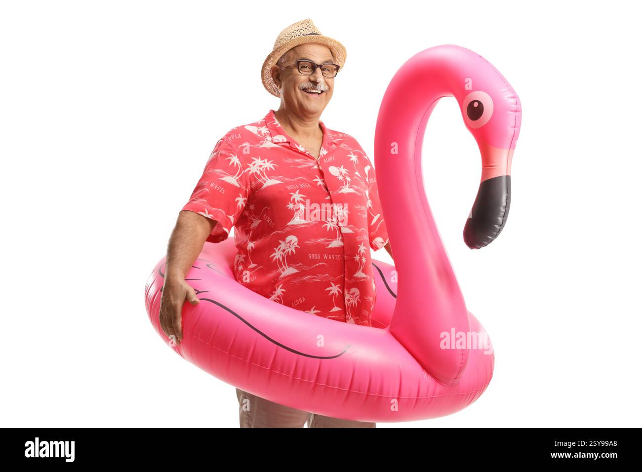 Man with a big inflatable flamingo rubber ring isolated on white ...