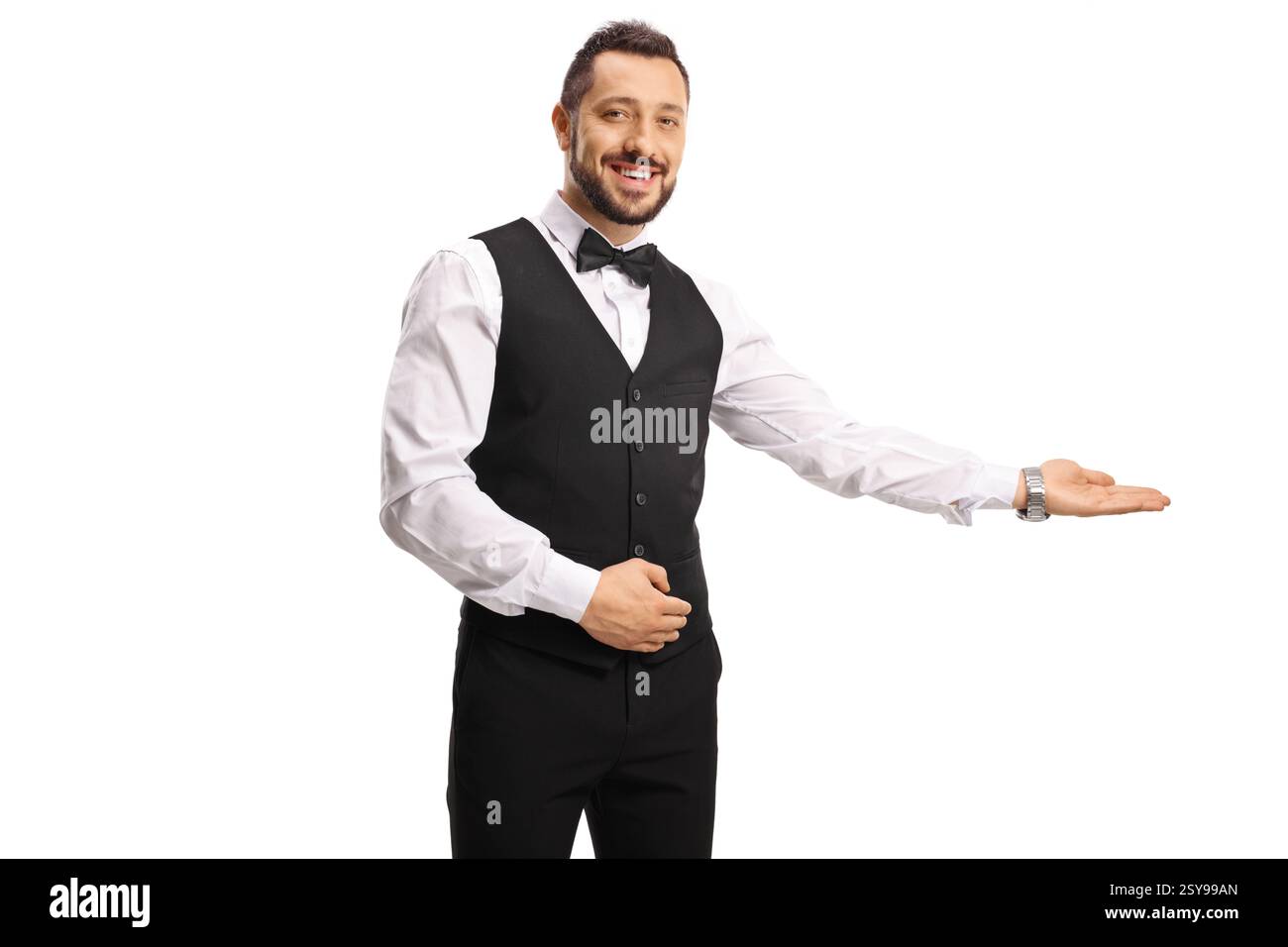 Waiter smiling and gesturing welcome isolated on white background Stock ...