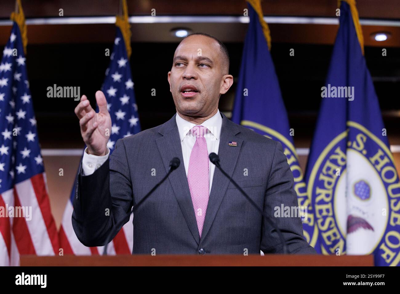 House Democratic Leader Hakeem Jeffries (D-NY) gives remarks during a ...