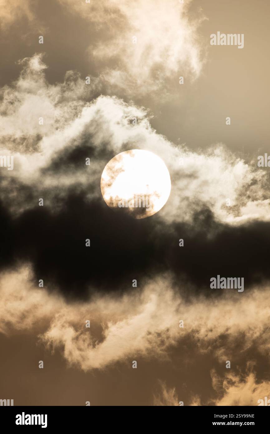 Morning sun burning through thick layers of fog. Vertical view Stock ...