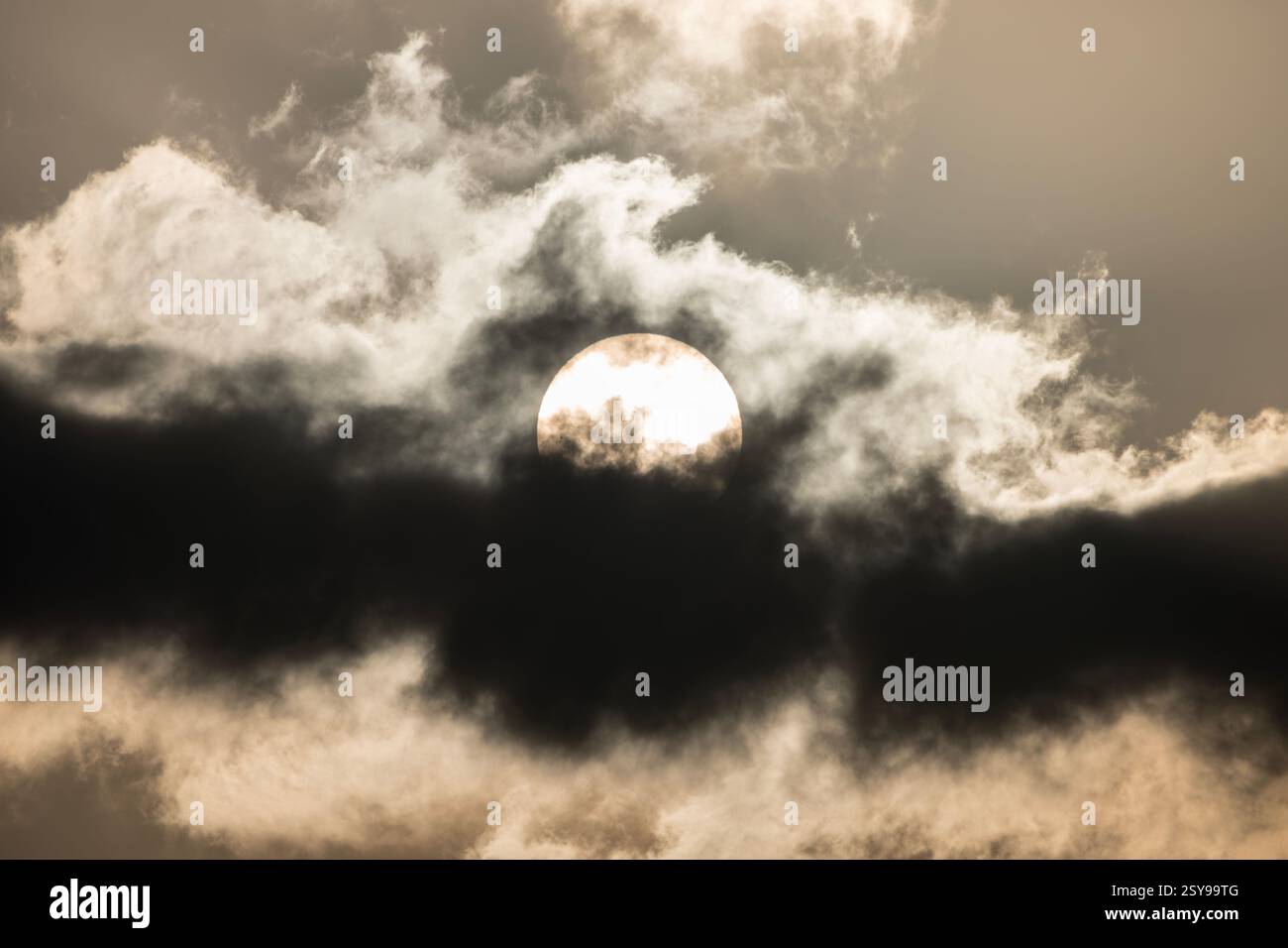 Morning sun burning through thick layers of fog Stock Photo - Alamy