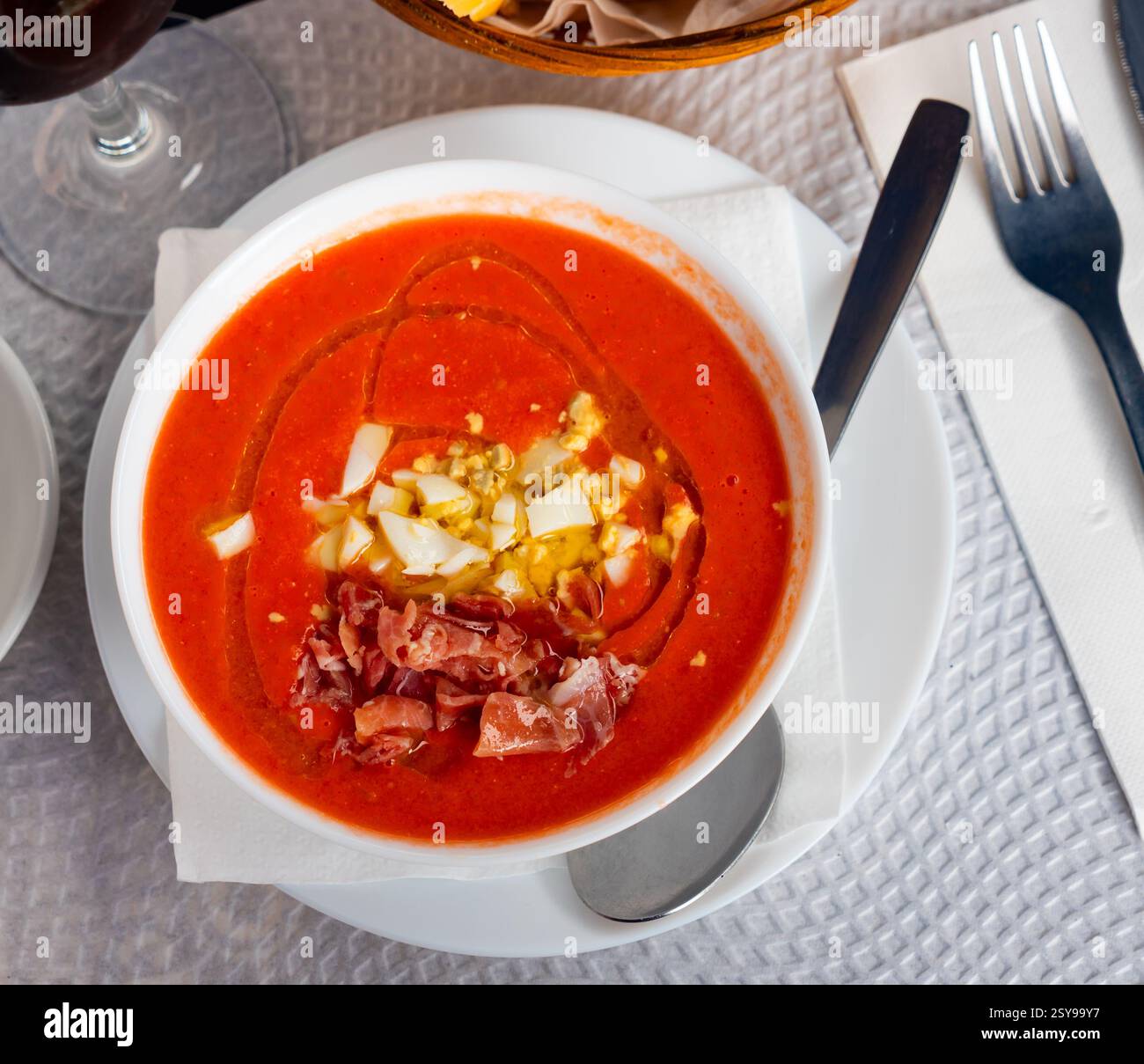 Cordoban salmorejo with ham and egg shavings Stock Photo - Alamy
