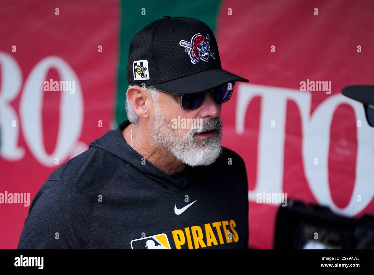 Pittsburgh Pirates manager Derek Shelton talks in the dugout before a ...