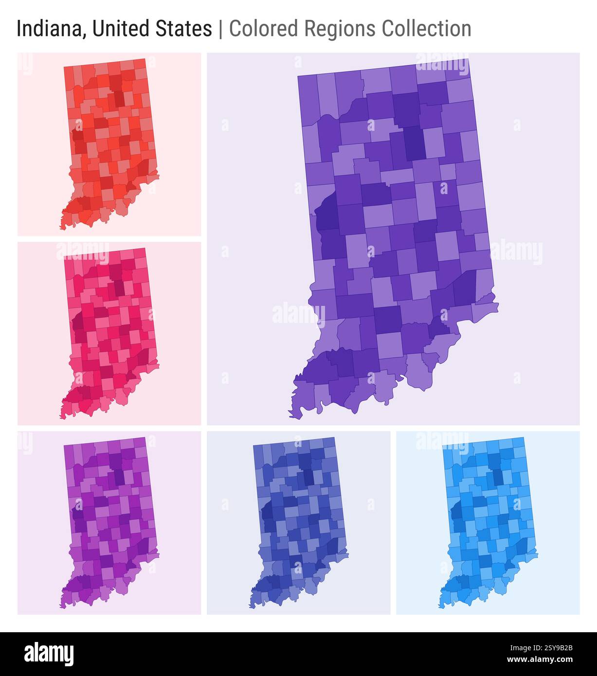Indiana, United States. Map collection. State shape. Colored counties ...