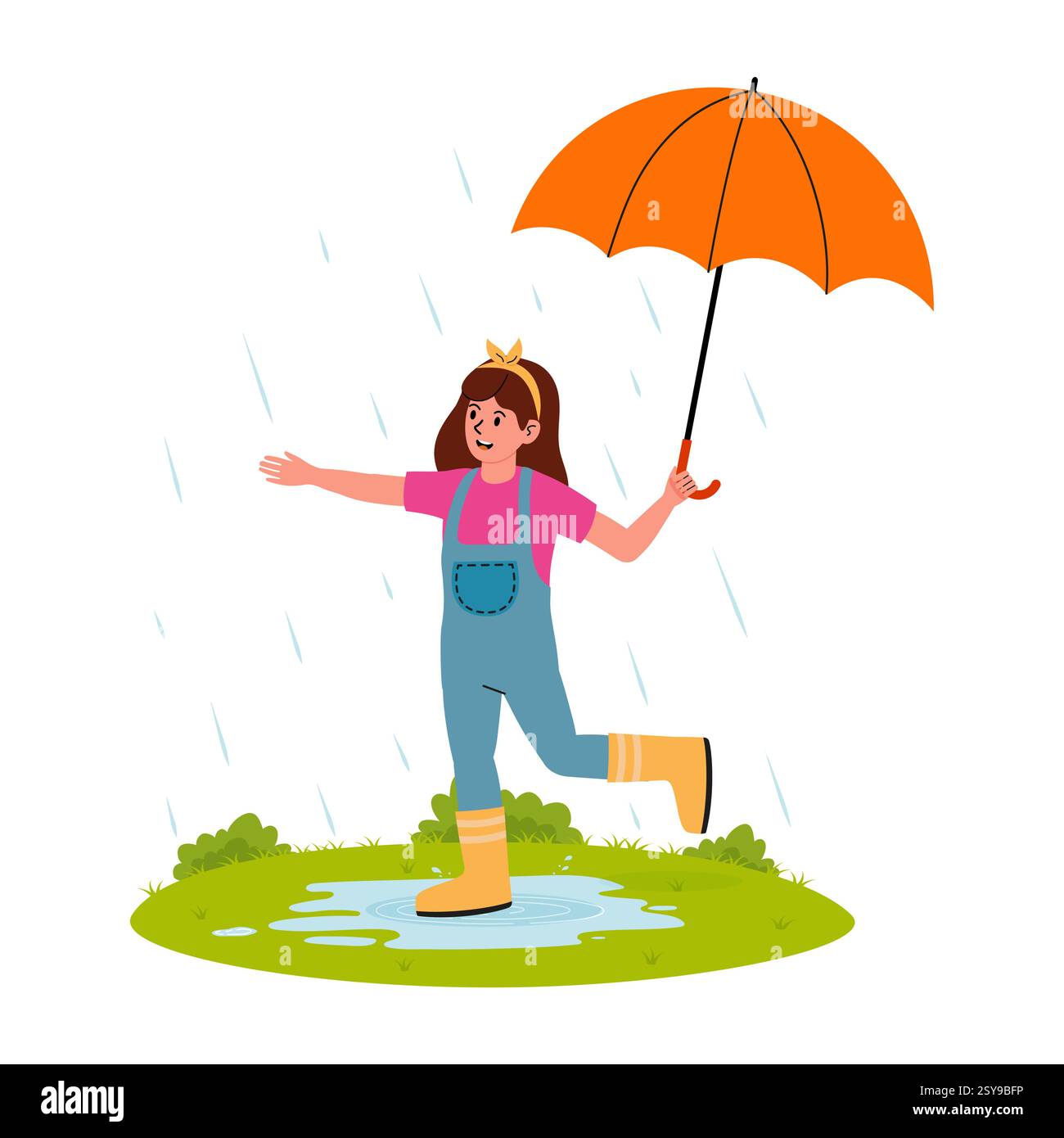 Girl wearing boots enjoys rainy day while holding orange umbrella and ...