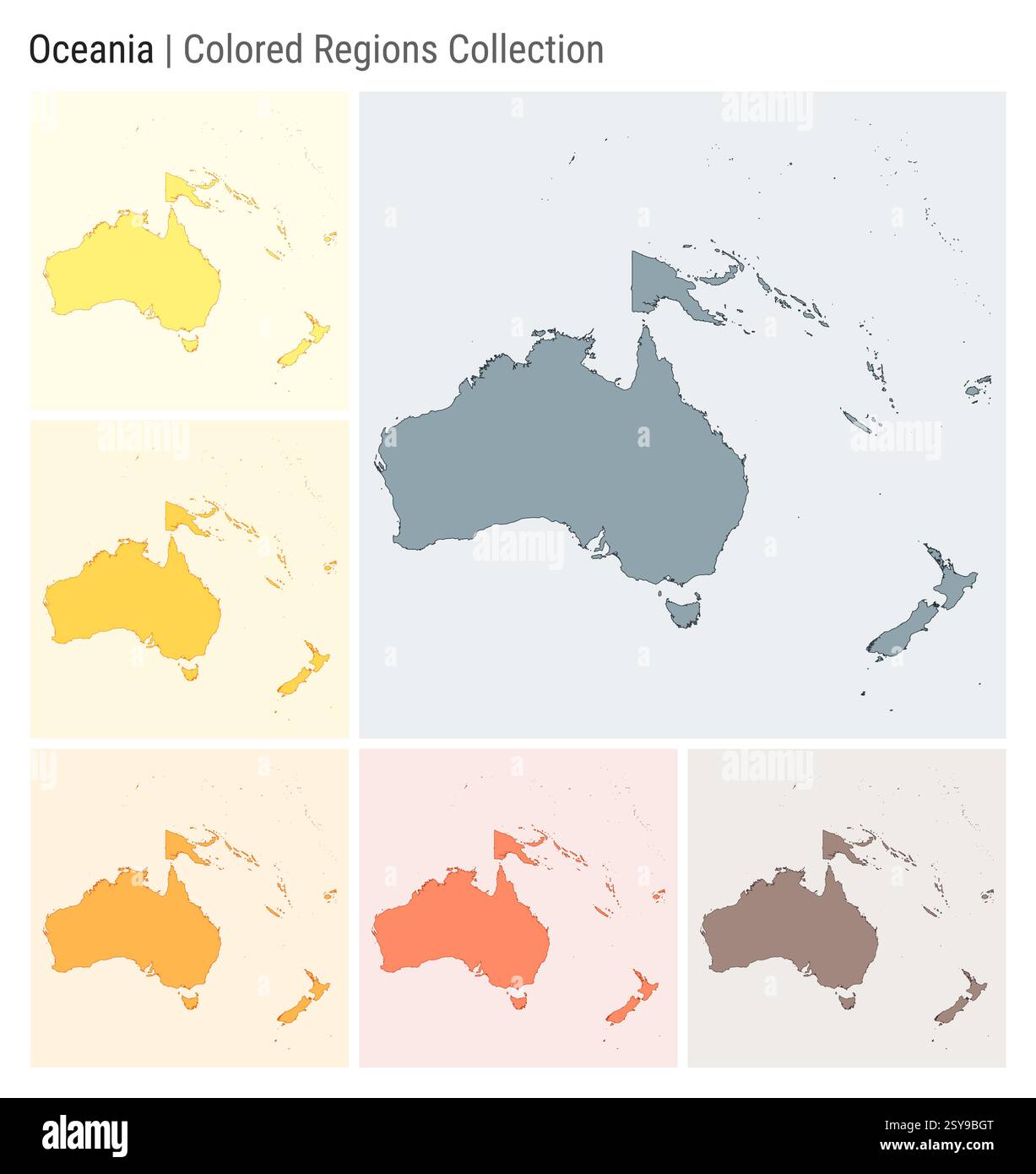 Oceania. Map collection. Continent shape. Colored countries. Blue Grey ...