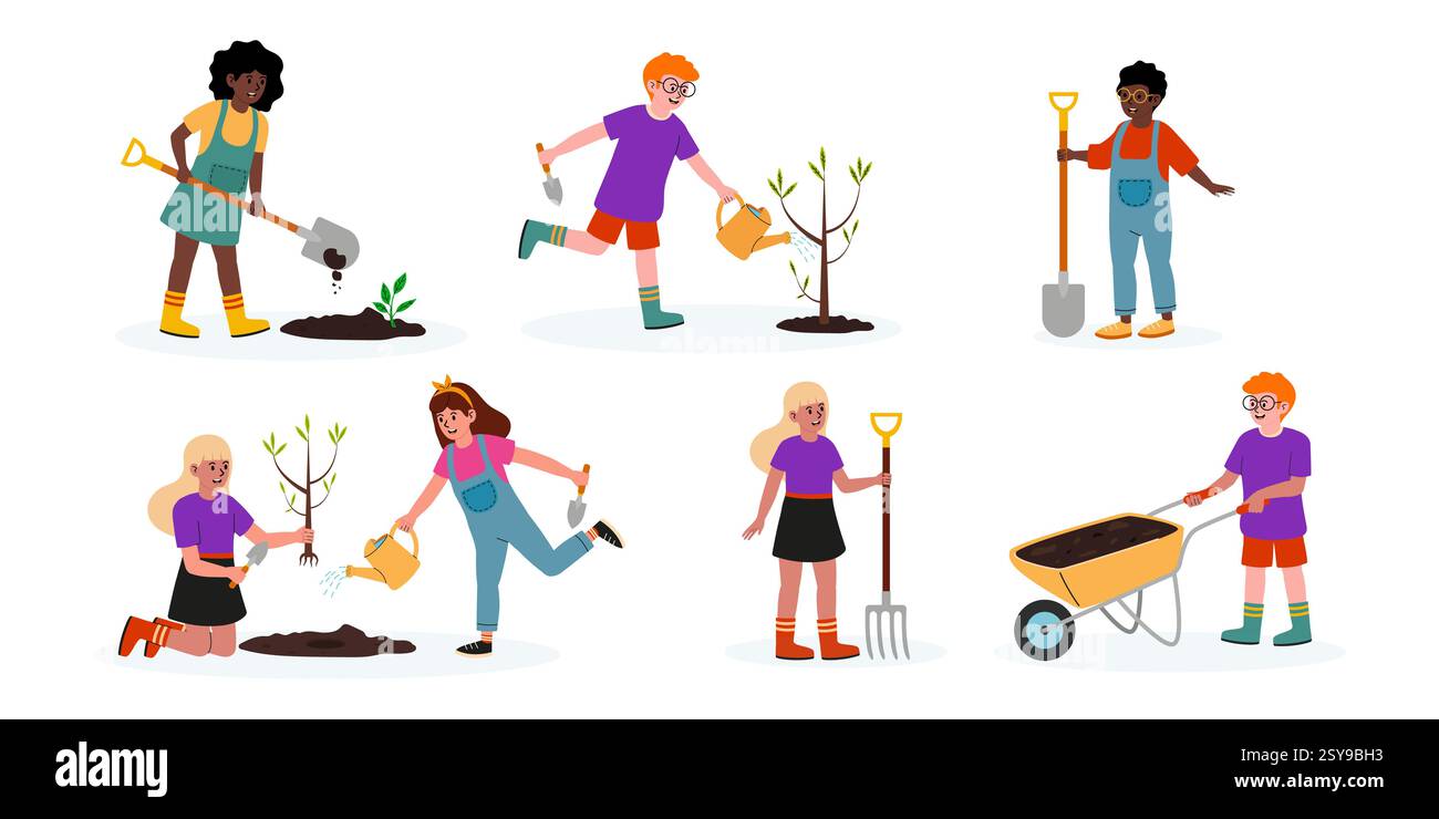 Children engage in gardening activities while planting trees in a community green space Stock ...