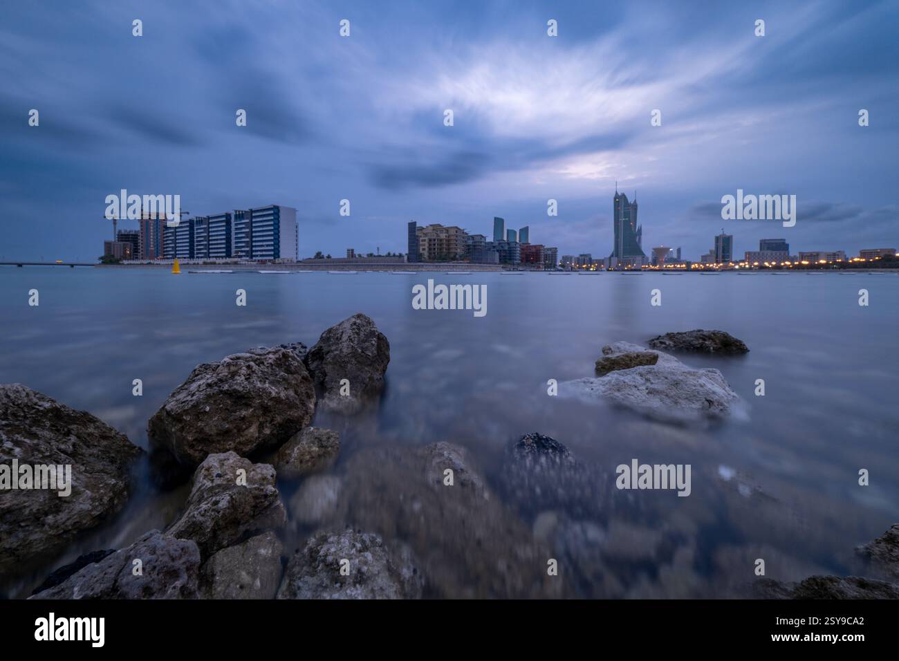 Sunrise view of Manama cityscape and architectures taken from Kingdom ...