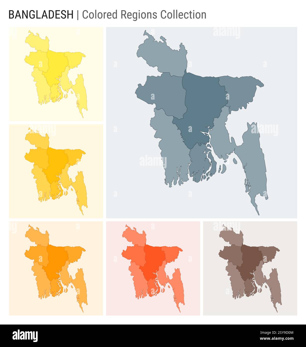 Bangladesh map collection. Country shape with colored regions. Blue ...