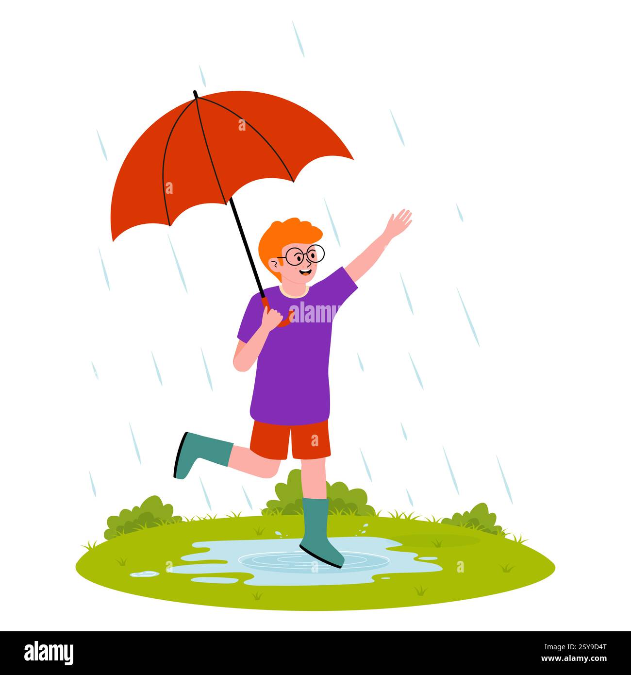 Child enjoying rainy day while holding red umbrella and splashing in ...
