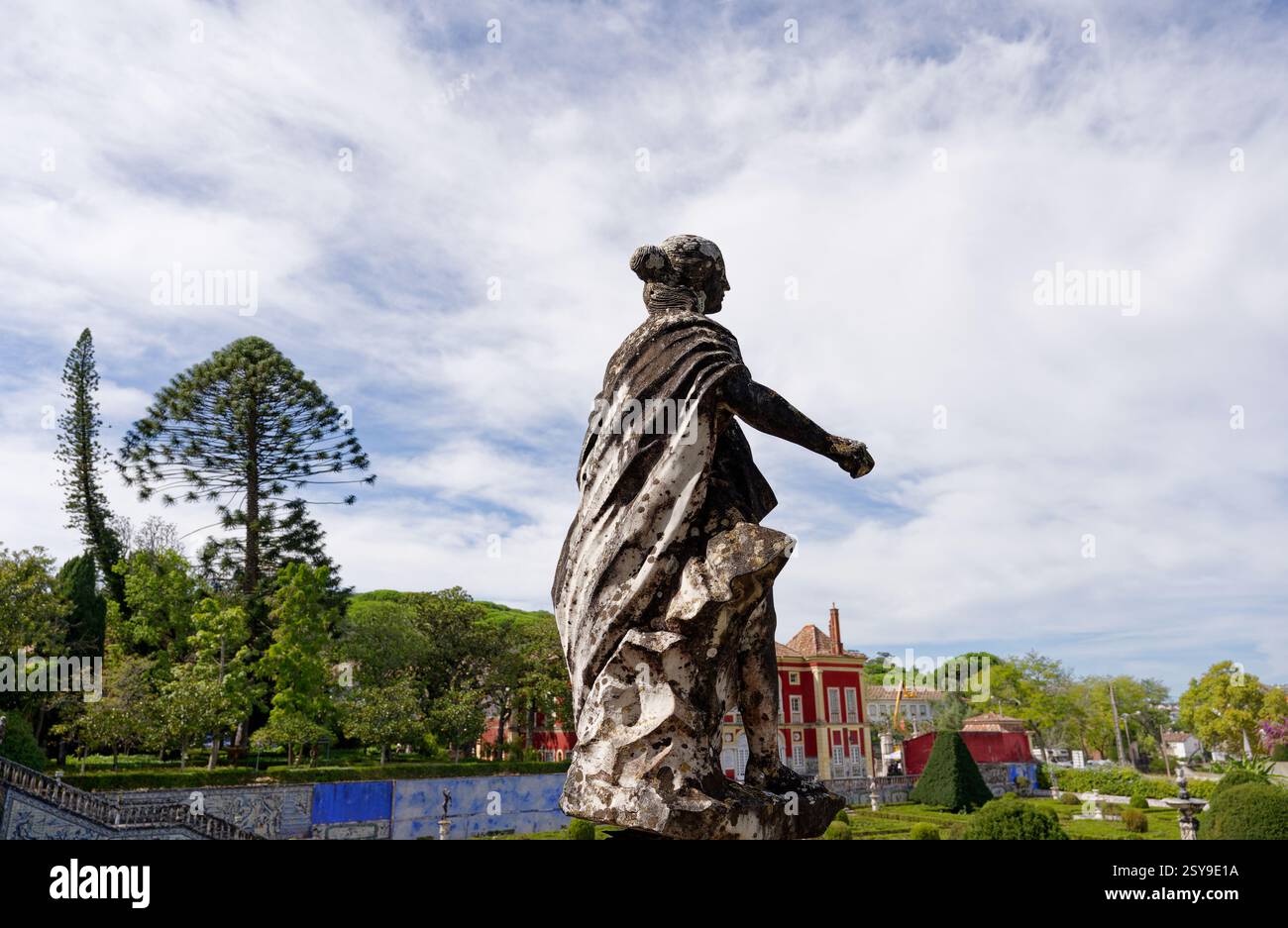 Weathered classical stone statue at Fronteira Palace, its surface ...