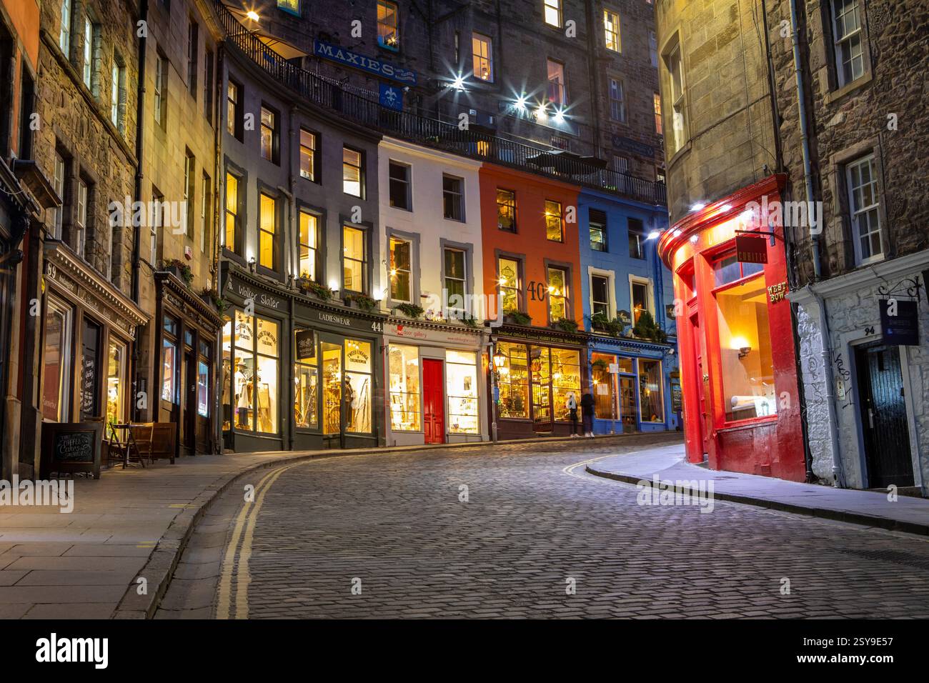 Edinburgh, UK - February 15th 2023: View of the pretty Victoria Street ...