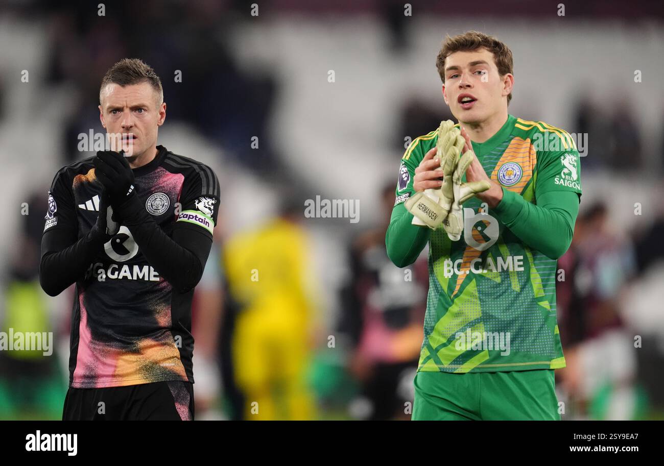 Leicester City's Jamie Vardy and goalkeeper Mads Hermansen after the ...