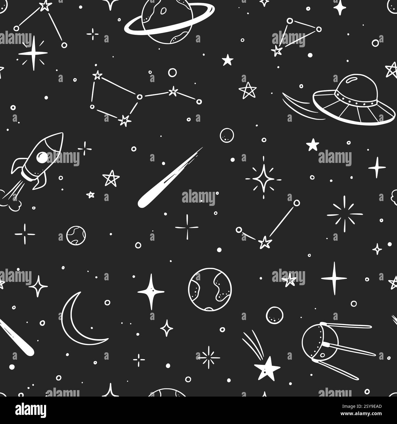 Space star vector seamless pattern. Hand drawn doodle sketch line style galaxy planet star ...