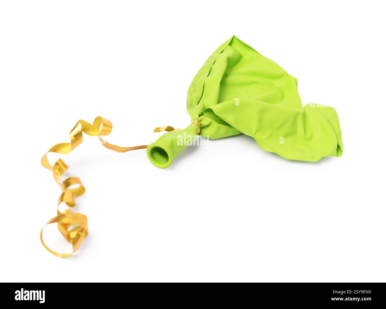 One green popped balloon isolated on white Stock Photo - Alamy