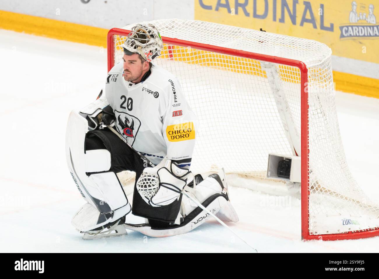 Lausanne, Switzerland. , . Reto Berra (goal keeper) of HC Fribourg ...