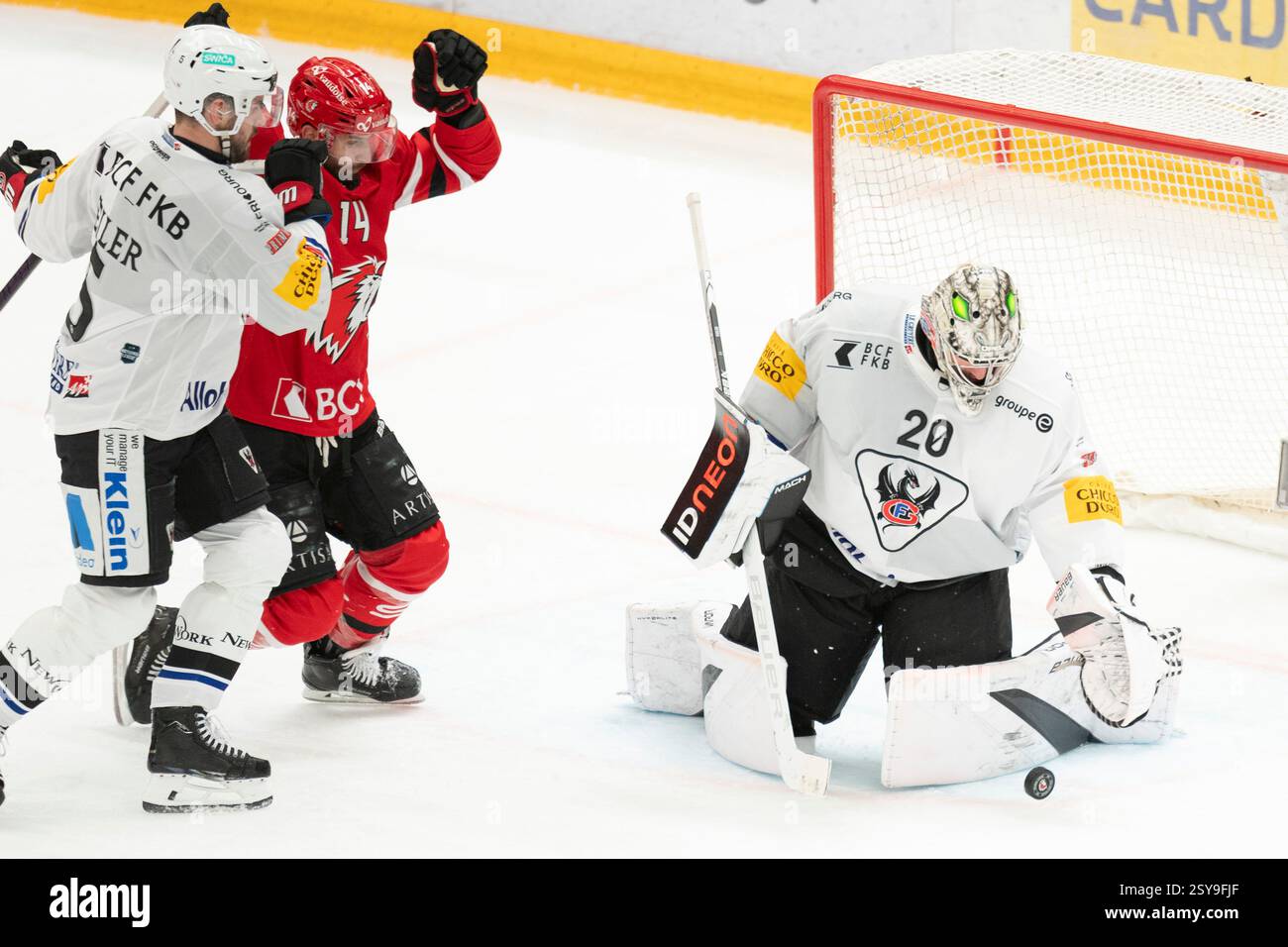 Lausanne, Switzerland. , . Reto Berra (goal keeper) of HC Fribourg ...