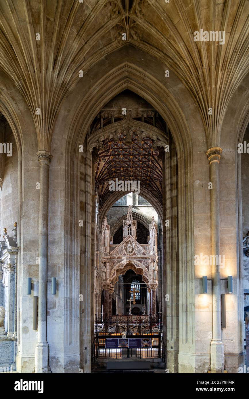 Interior view of Peterborough Cathedral, showing arches, columns and ...