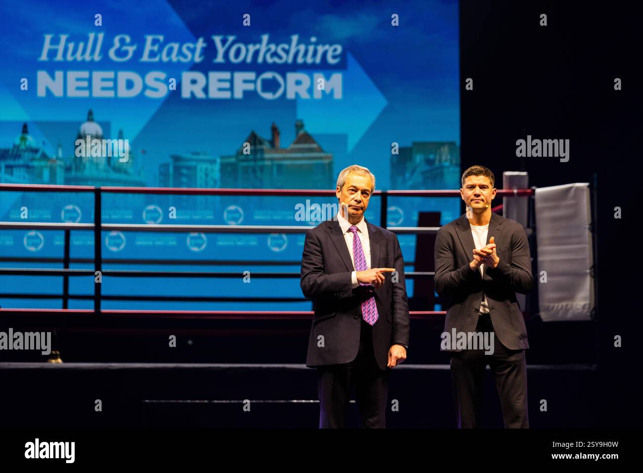 Hull, UK. 27 FEB, 2025. Luke Campbell MBE and Nigel Farage on stage ...