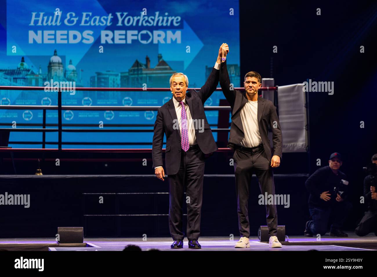 Hull, UK. 27 FEB, 2025. Luke Campbell MBE and Nigel Farage on stage ...