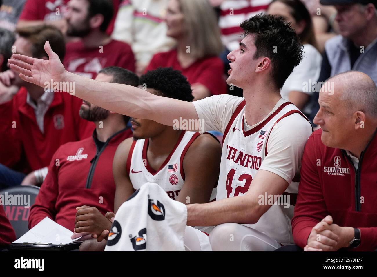 Stanford forward Maxime Raynaud (42) reacts from the bench during the ...