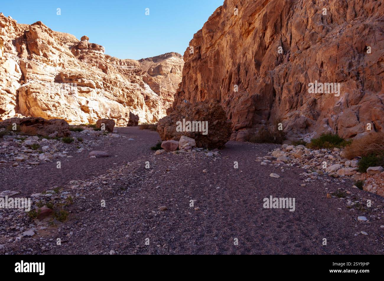 A rocky desert landscape with a large rock in the middle. The rock is ...
