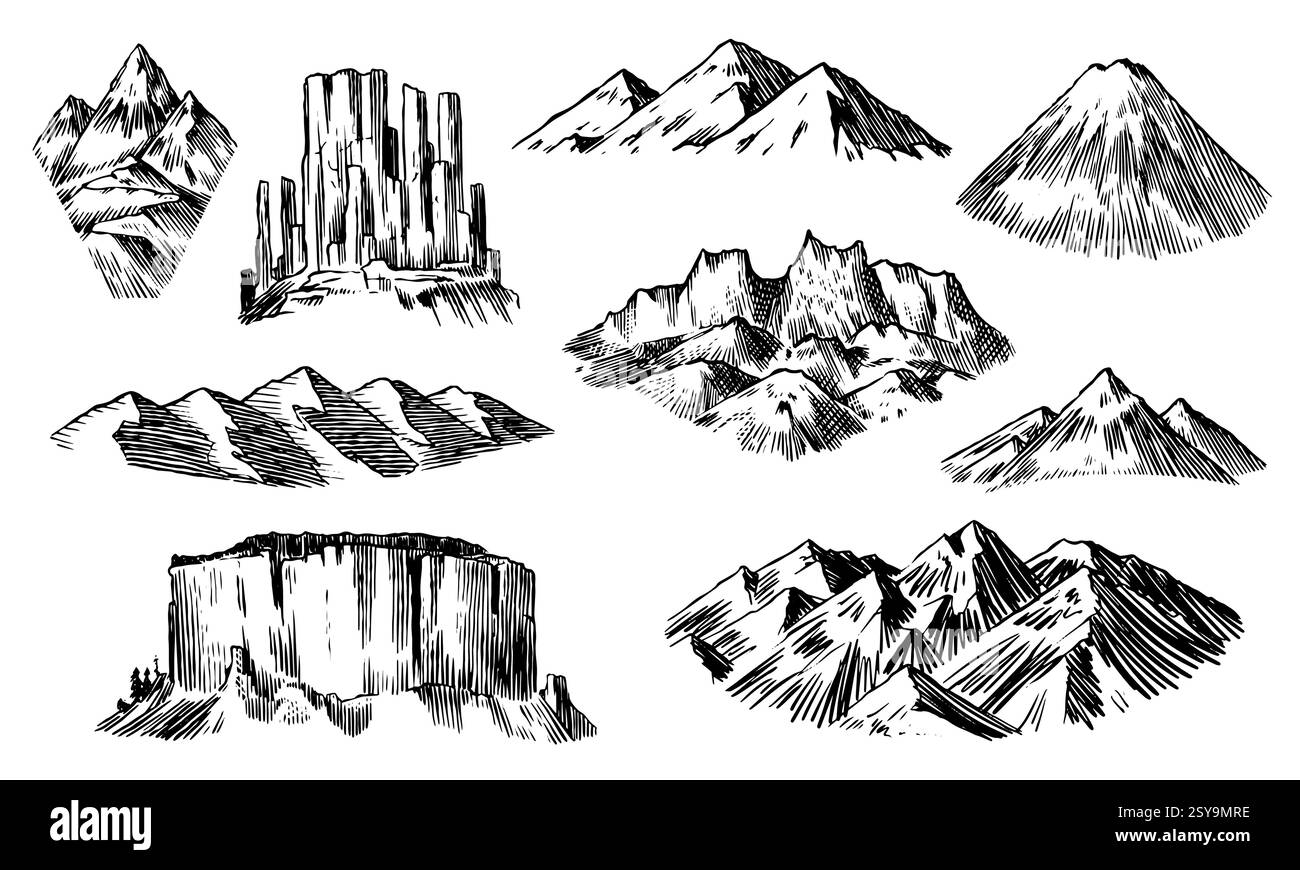 set of different mountain peaks and hills badges. hand drawn ...